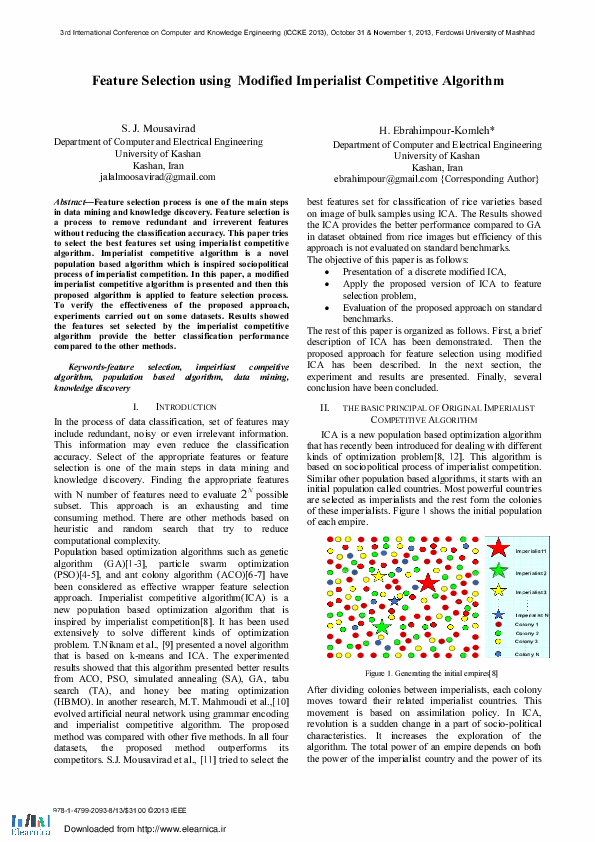 (PDF) Feature selection using modified imperialist competitive algorithm