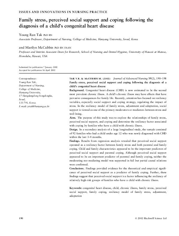 (PDF) Family stress, perceived social support and coping following the ...