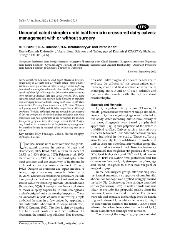 (PDF) Uncomplicated (simple) umbilical hernia in crossbred dairy calves ...