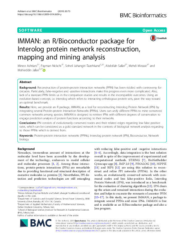 Pdf Imman An R Bioconductor Package For Interolog Protein Network Reconstruction Mapping And