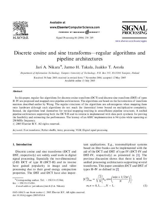 (PDF) Discrete cosine and sine transforms—regular algorithms and pipeline architectures
