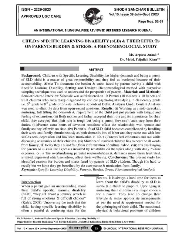 (PDF) CHILD’S SPECIFIC LEARNING DISABILITY (SLD) & THEIR EFFECTS ON ...