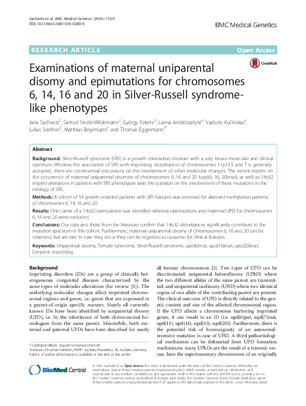 (PDF) Examinations of maternal uniparental disomy and epimutations for ...