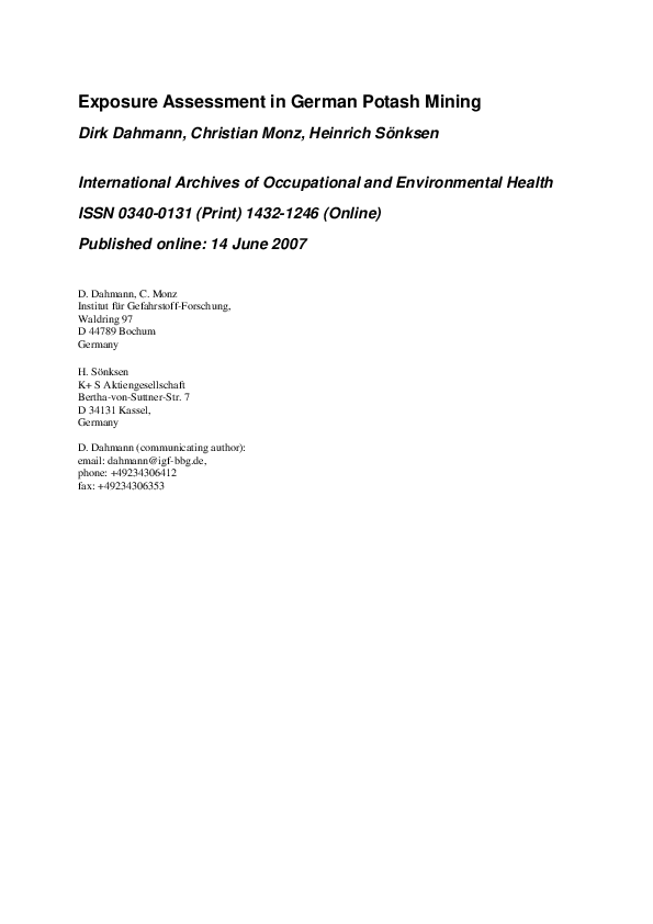 (PDF) Exposure assessment in German potash mining