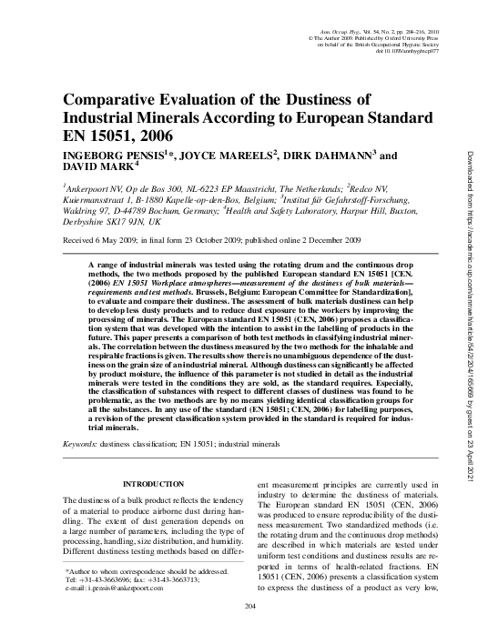 (PDF) Comparative Evaluation of the Dustiness of Industrial Minerals According to European ...
