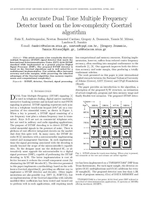 (PDF) An accurate Dual Tone Multiple Frequency Detector based on the low-complexity Goertzel ...