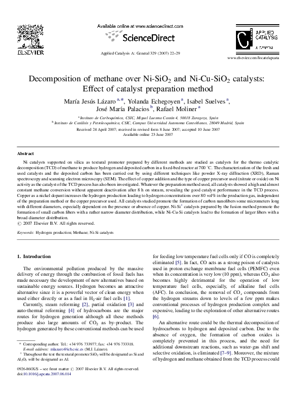 (PDF) Decomposition of methane over Ni-SiO2 and Ni-Cu-SiO2 catalysts: Effect of catalyst ...
