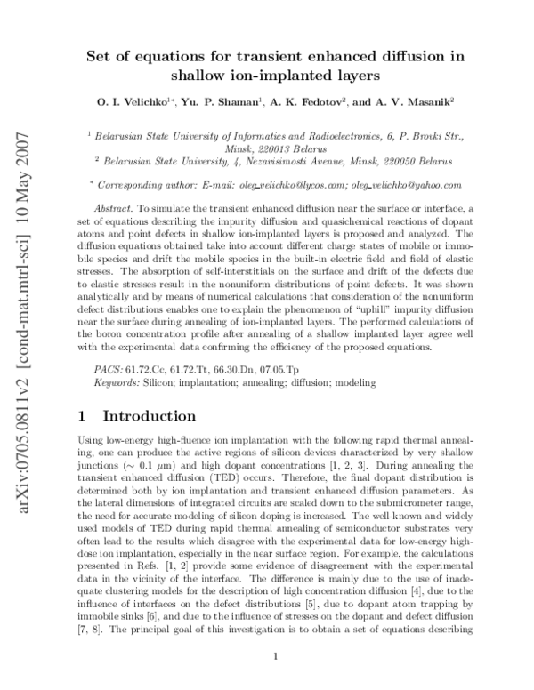 (PDF) Set of equations for transient enhanced diffusion in shallow ion ...