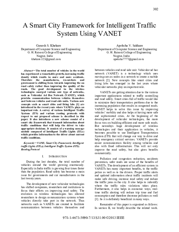 Pdf A Smart City Framework For Intelligent Traffic System Using Vanet Apeksha Sakhare