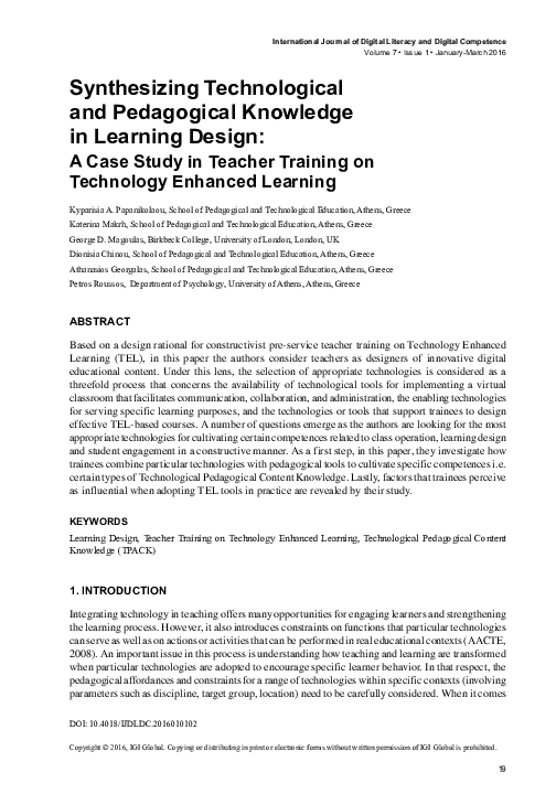 (PDF) Synthesizing Technological and Pedagogical Knowledge in Learning ...