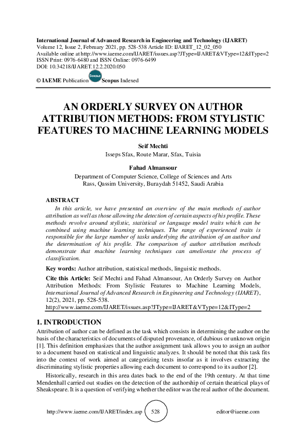 (PDF) AN ORDERLY SURVEY ON AUTHOR ATTRIBUTION METHODS: FROM STYLISTIC FEATURES TO MACHINE ...
