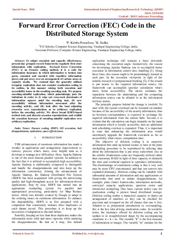 (PDF) IJERT-Forward Error Correction (FEC) Code in the Distributed Storage System