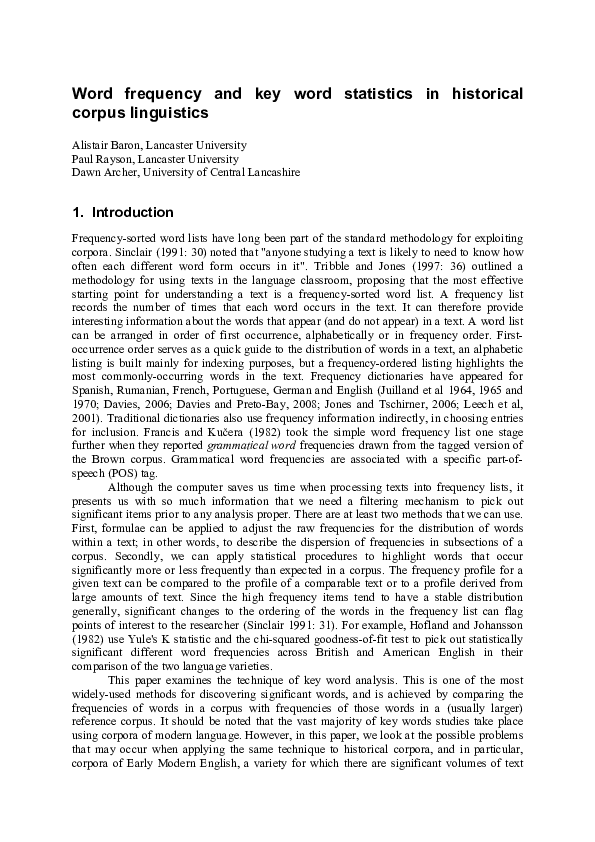 (PDF) Word frequency and key word statistics in corpus linguistics