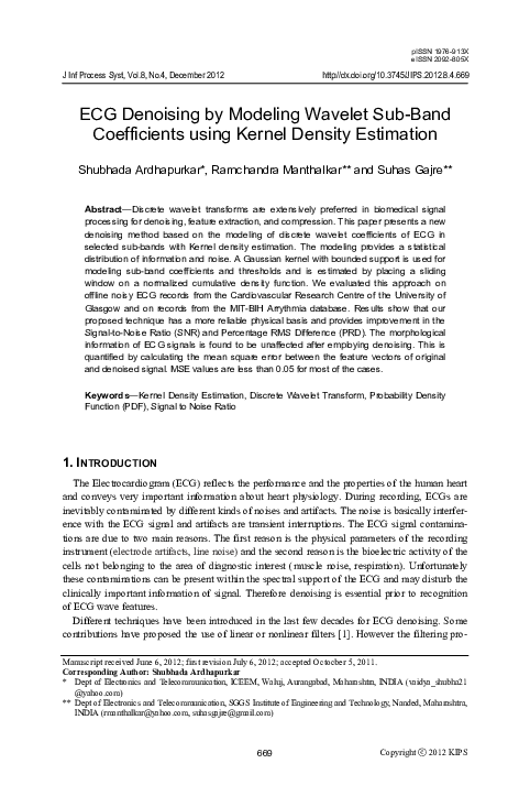 (PDF) ECG Denoising by Modeling Wavelet Sub-Band Coefficients using Kernel Density Estimation