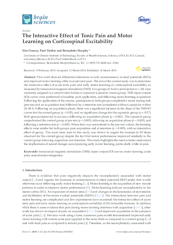(PDF) The Interactive Effect of Tonic Pain and Motor Learning on Corticospinal Excitability