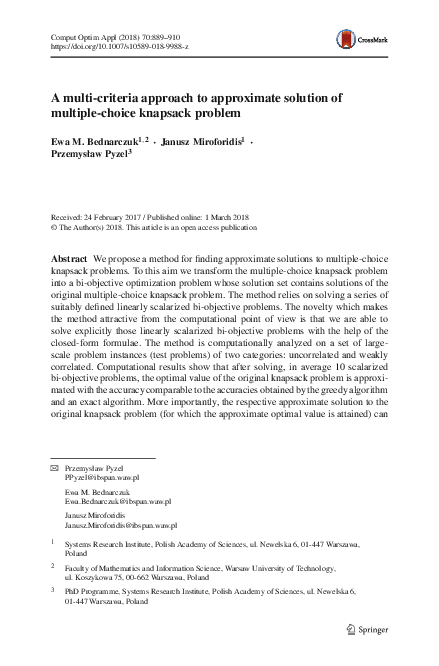 (PDF) A multi-criteria approach to approximate solution of multiple-choice knapsack problem