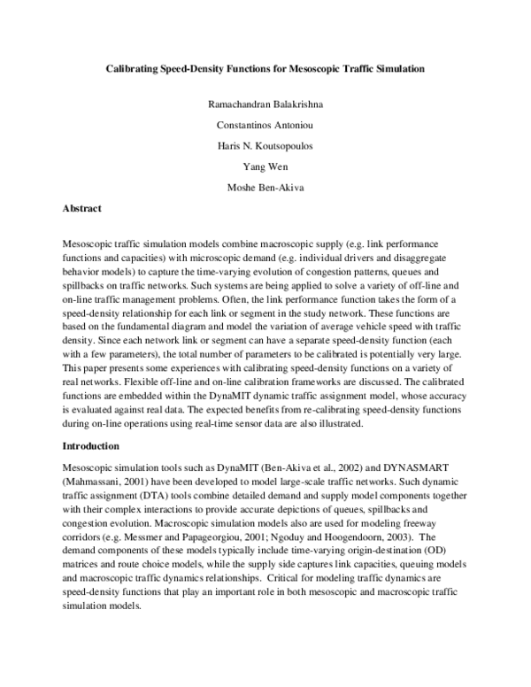 (PDF) Calibrating Speed-Density Functions for Mesoscopic Traffic Simulation