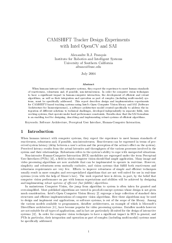 (PDF) CAMSHIFT Tracker Design Experiments with Intel OpenCV and SAI