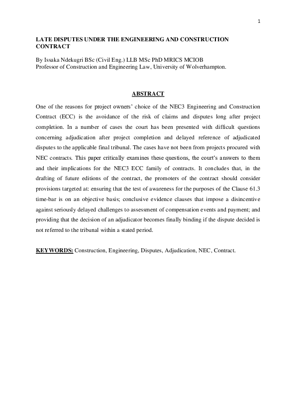 (PDF) Late disputes and the NEC3 Engineering and Construction Contract