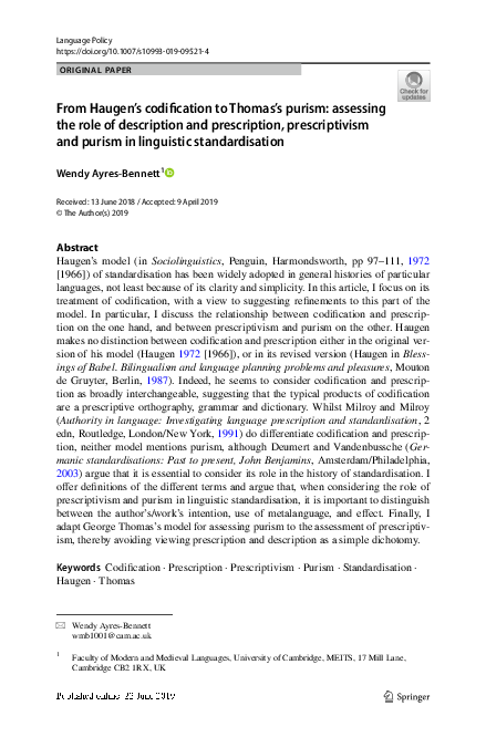 (PDF) From Haugen’s codification to Thomas’s purism: assessing the role ...