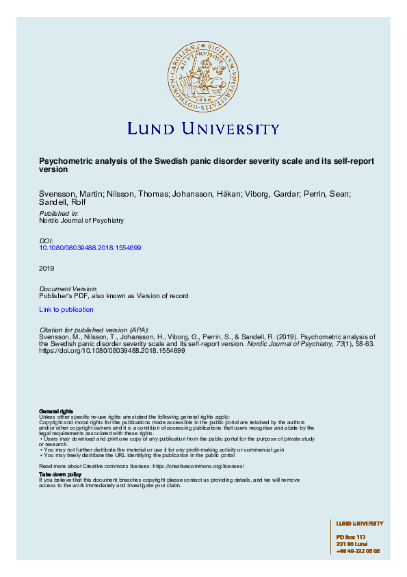 (PDF) Psychometric analysis of the Swedish panic disorder severity ...