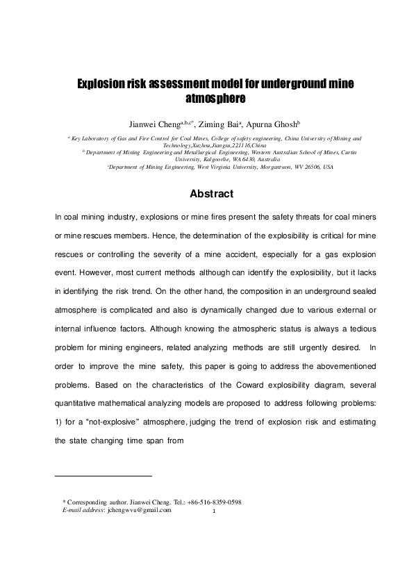 Explosion risk assessment model for underground mine atmosphere