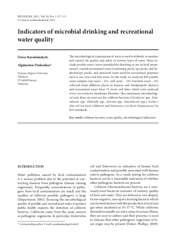 (PDF) Indicators of microbial drinking and recreational water quality