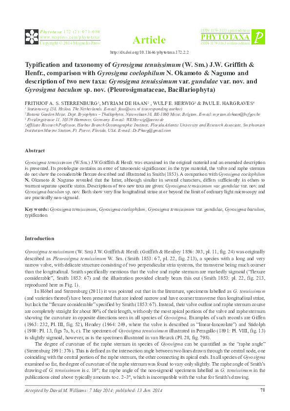 (PDF) Typification and taxonomy of Gyrosigma tenuissimum (W. Sm.) J.W ...