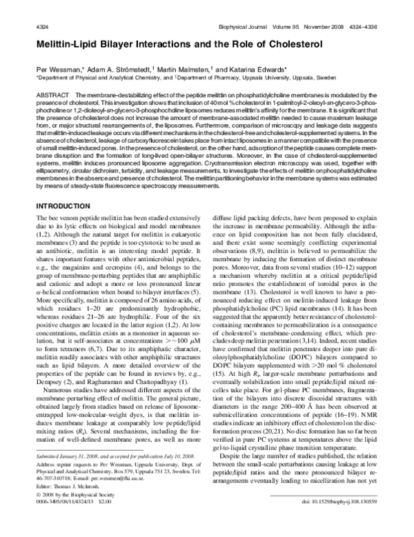 (PDF) Cholesterol Modulates Melittin Interactions with Lipid Membranes