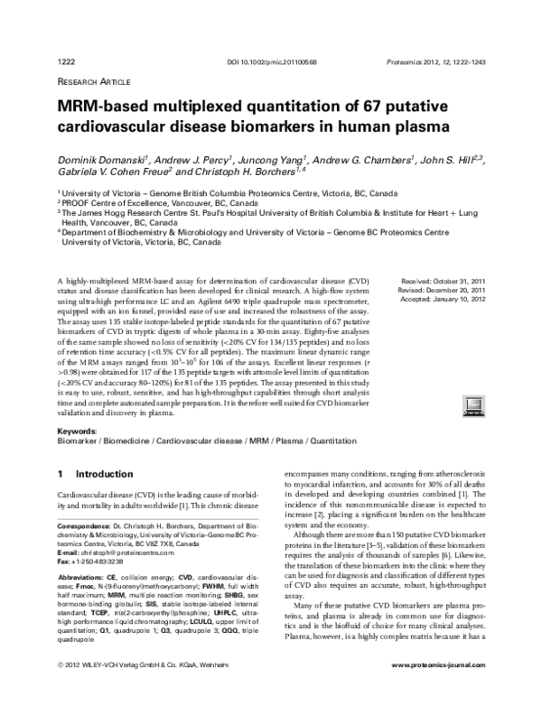 (PDF) MRM-based multiplexed quantitation of 67 putative cardiovascular ...