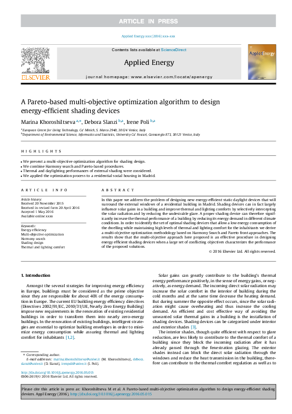 Pdf A Pareto Based Multi Objective Optimization Algorithm To Design Energy Efficient Shading