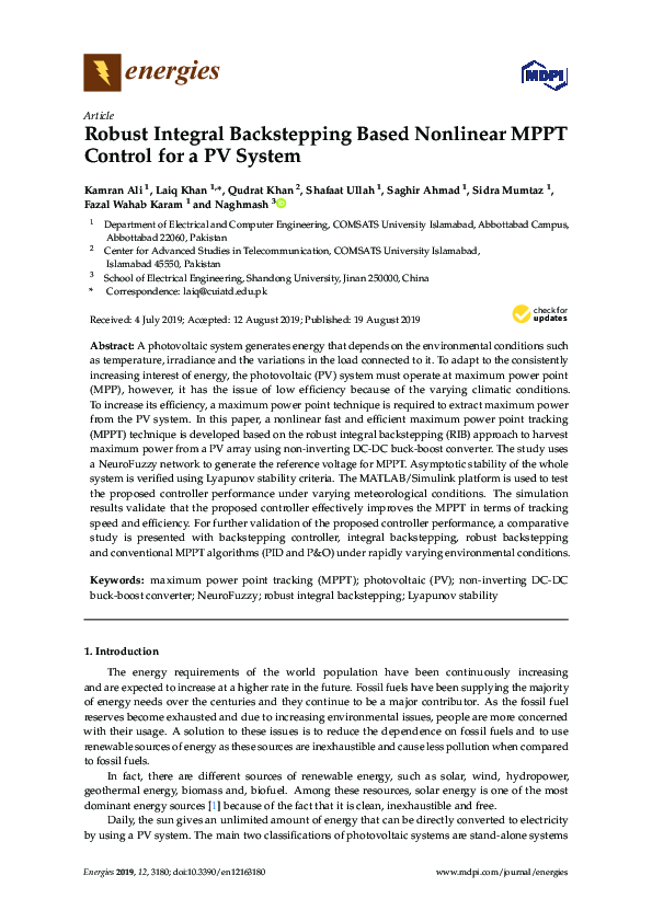 (PDF) Robust Integral Backstepping Based Nonlinear MPPT Control for a PV System