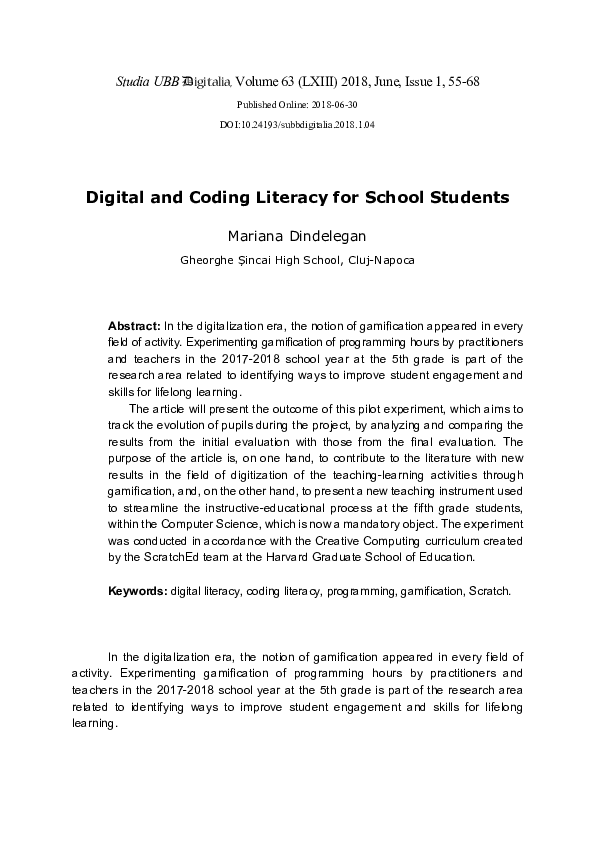 (PDF) Digital and Coding Literacy for School Students