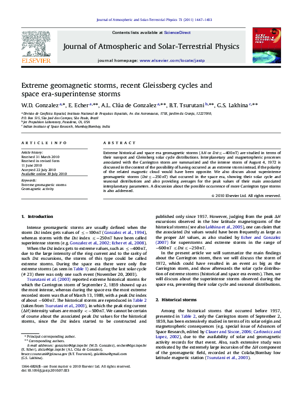 (PDF) Extreme geomagnetic storms, recent Gleissberg cycles and space ...