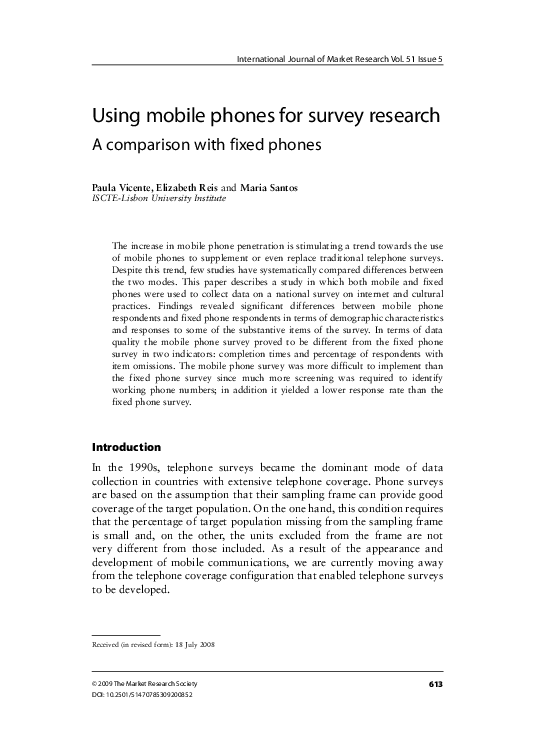 (PDF) Using mobile phones for survey research: a comparison with fixed ...