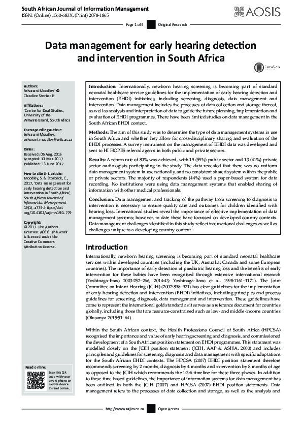 (PDF) Data management for early hearing detection and intervention in South Africa