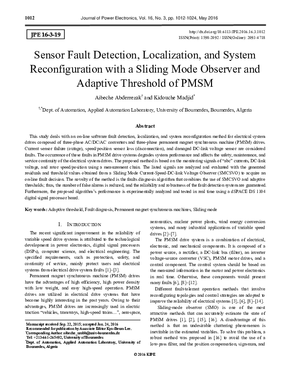 Pdf Sensor Fault Detection Localization And System Reconfiguration With A Sliding Mode