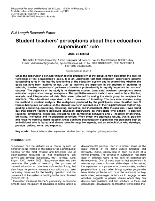 (PDF) Student teachers perceptions about their education supervisors role