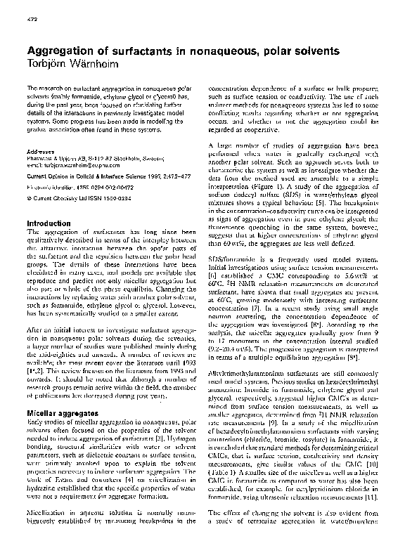 (PDF) Aggregation of surfactants in nonaqueous, polar solvents