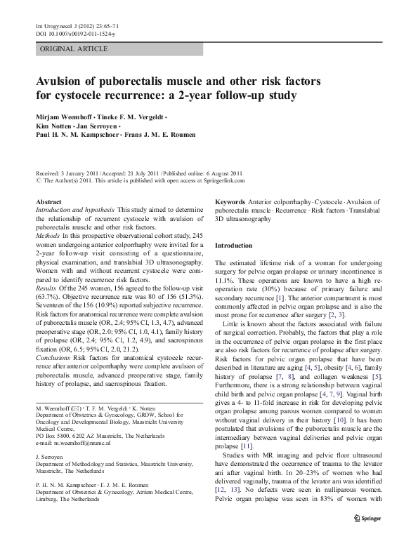 (PDF) Avulsion of puborectalis muscle and other risk factors for ...