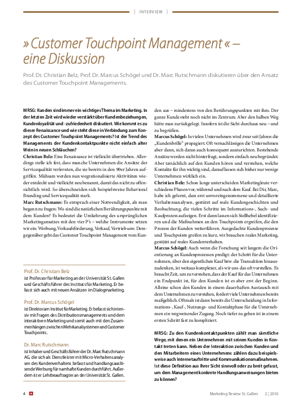 (PDF) » Customer Touchpoint Management « — eine Diskussion : Prof. Dr. Christian Belz, Prof. Dr ...