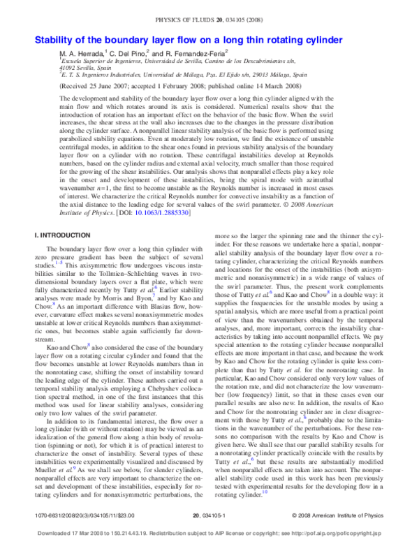 (PDF) Stability of the boundary layer flow on a long thin rotating cylinder