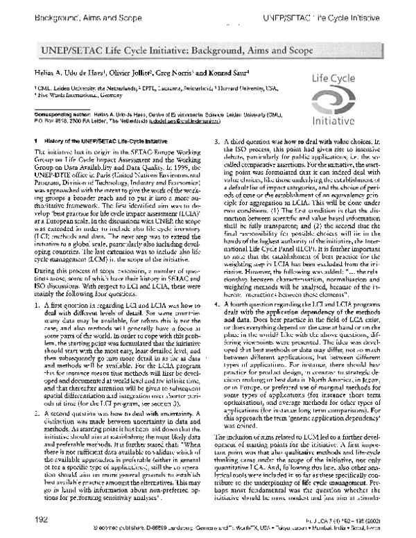 (PDF) UNEP/SETAC life cycle initiative: background, aims and scope