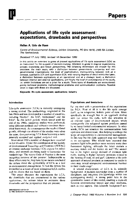 (PDF) Applications of life cycle assessment: expectations, drawbacks ...