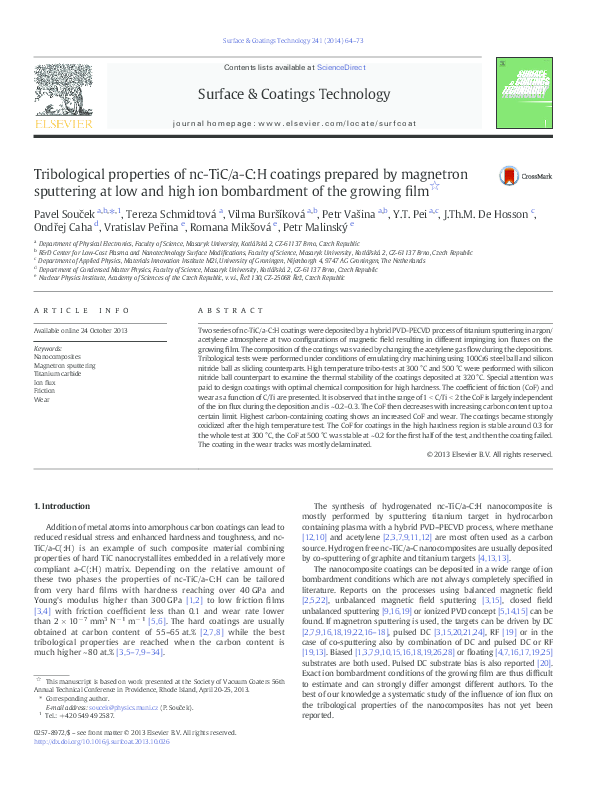 (PDF) Tribological properties of nc-TiC/a-C:H coatings prepared by magnetron sputtering at low ...