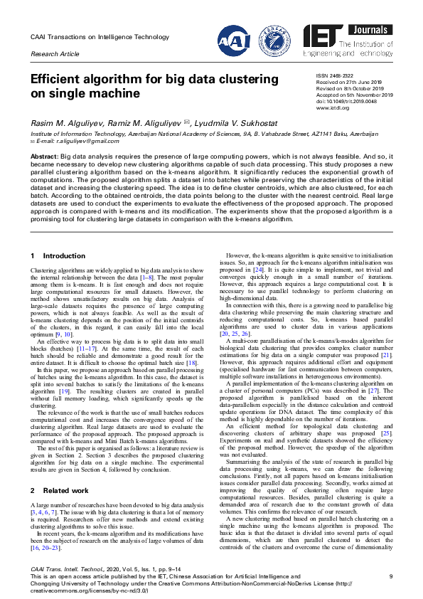(PDF) An efficient algorithm for big data clustering on a single machine