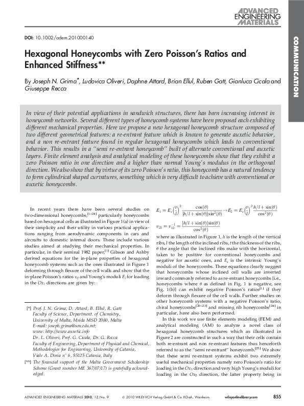 (PDF) Hexagonal Honeycombs with Zero Poisson's Ratios and Enhanced ...