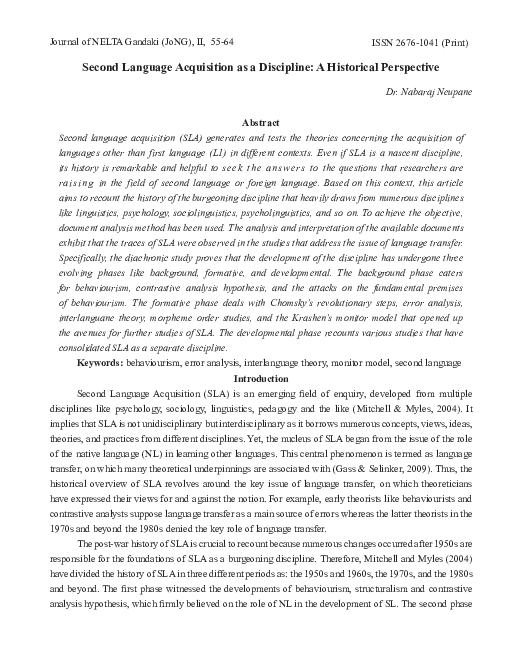 (PDF) Second Language Acquisition as a Discipline: A Historical Perspective