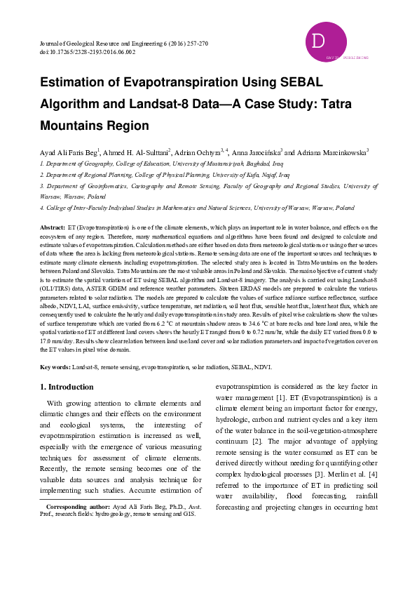 Pdf Estimation Of Evapotranspiration Using Sebal Algorithm And 0640