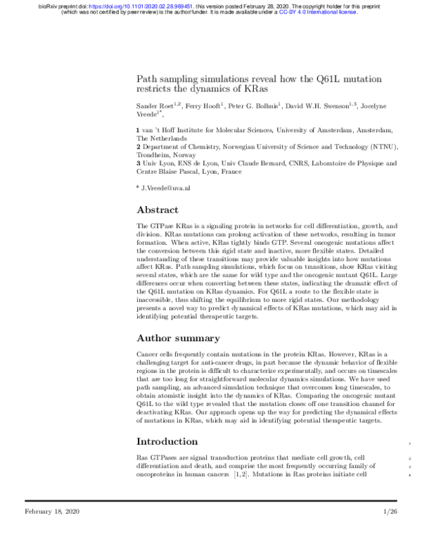 (PDF) Path sampling simulations reveal how the Q61L mutation restricts the dynamics of KRas